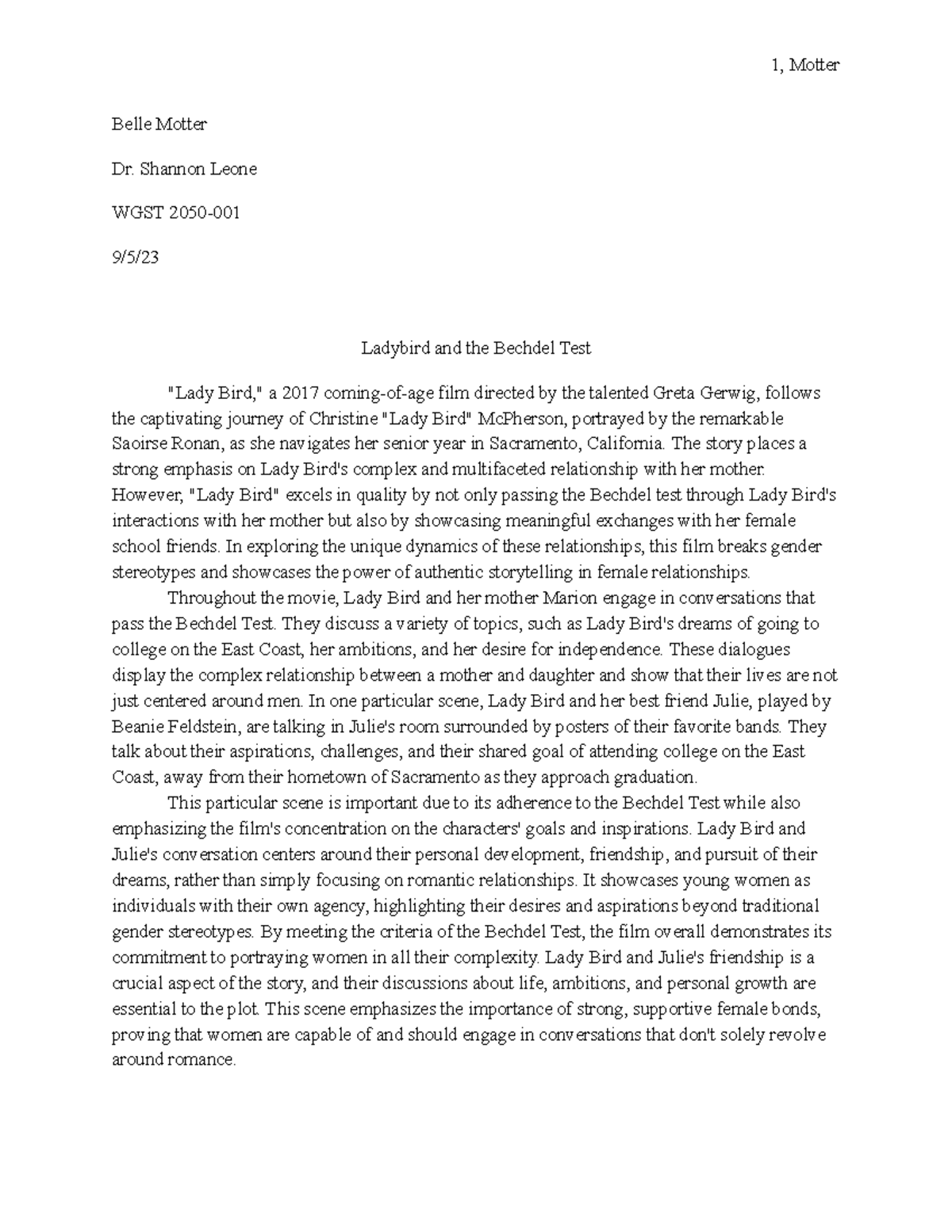 Report - Essay on the bechdel test using lady bird as an example - 1 ...