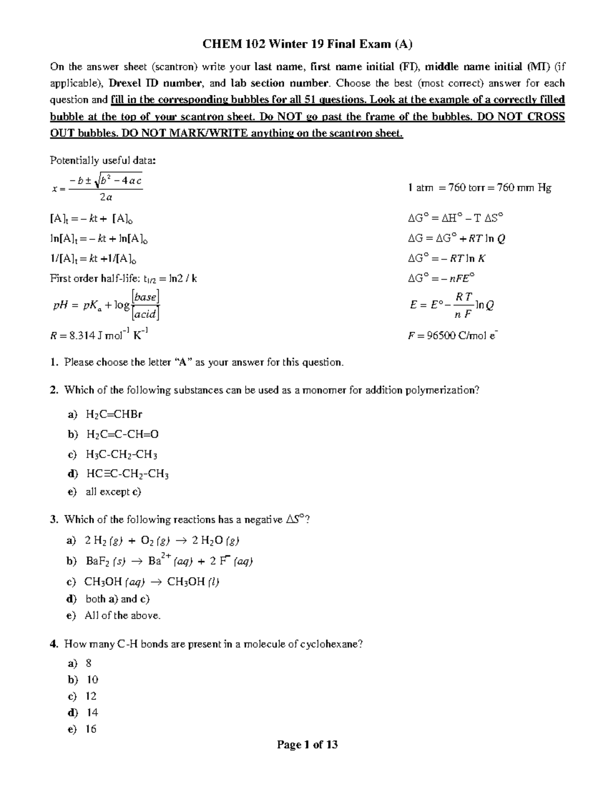 Chem 102 Final Exam - practice - CHEM 102 Winter 19 Final Exam (A) On ...