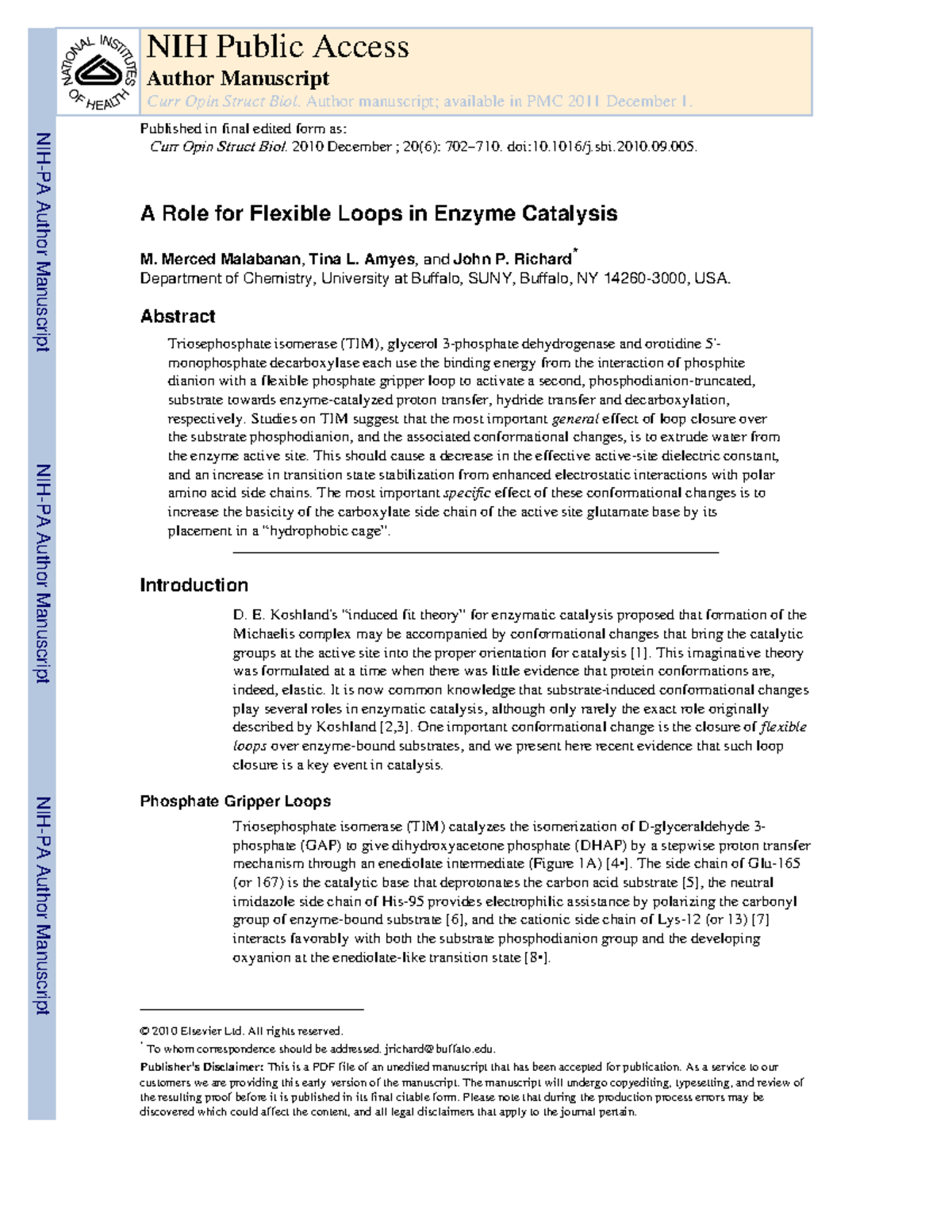 Flexible Loops - Research article - A Role for Flexible Loops in Enzyme ...