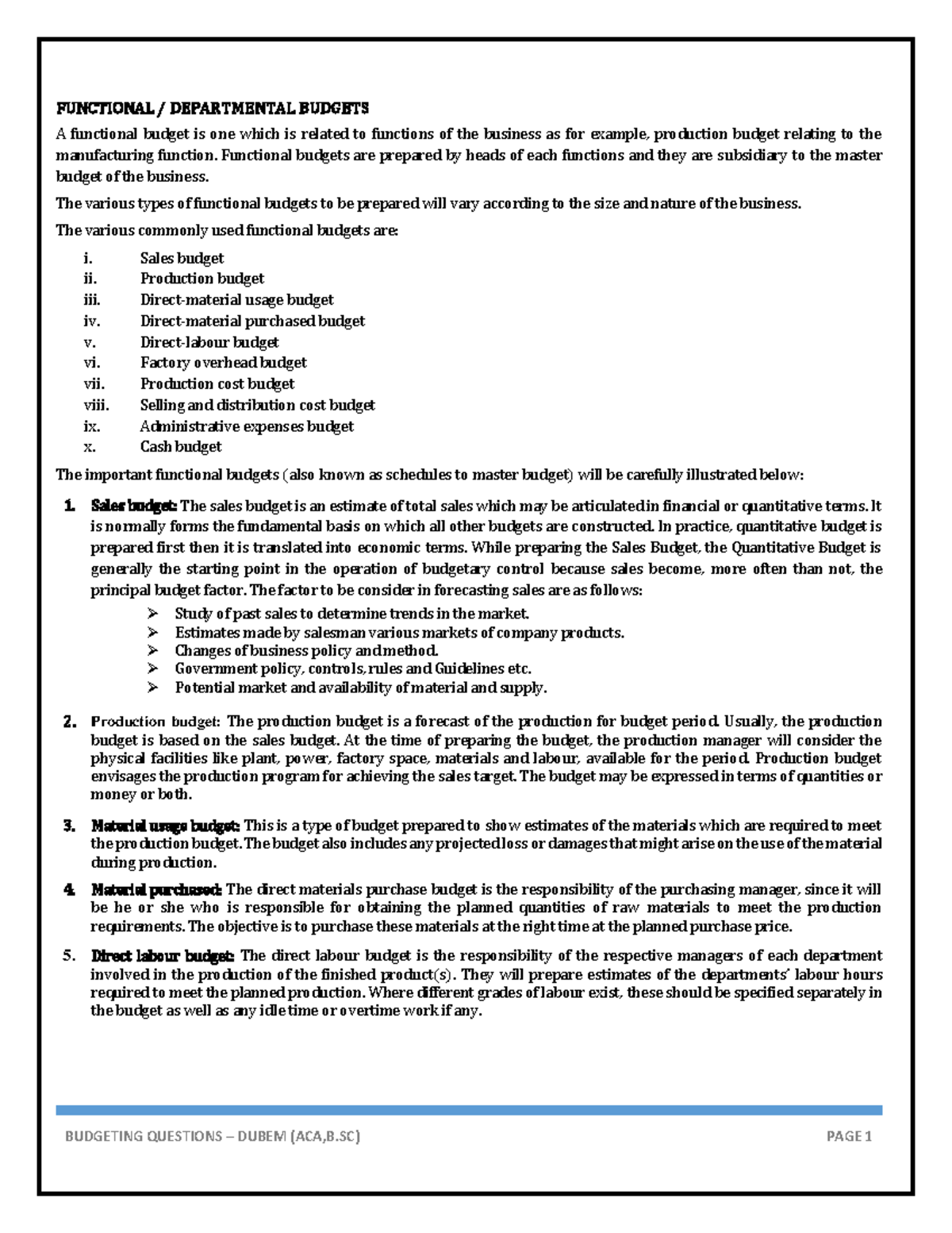 Budget Question MAY 2021 F UNCTIONAL DEPARTMENTAL BUDGETS A