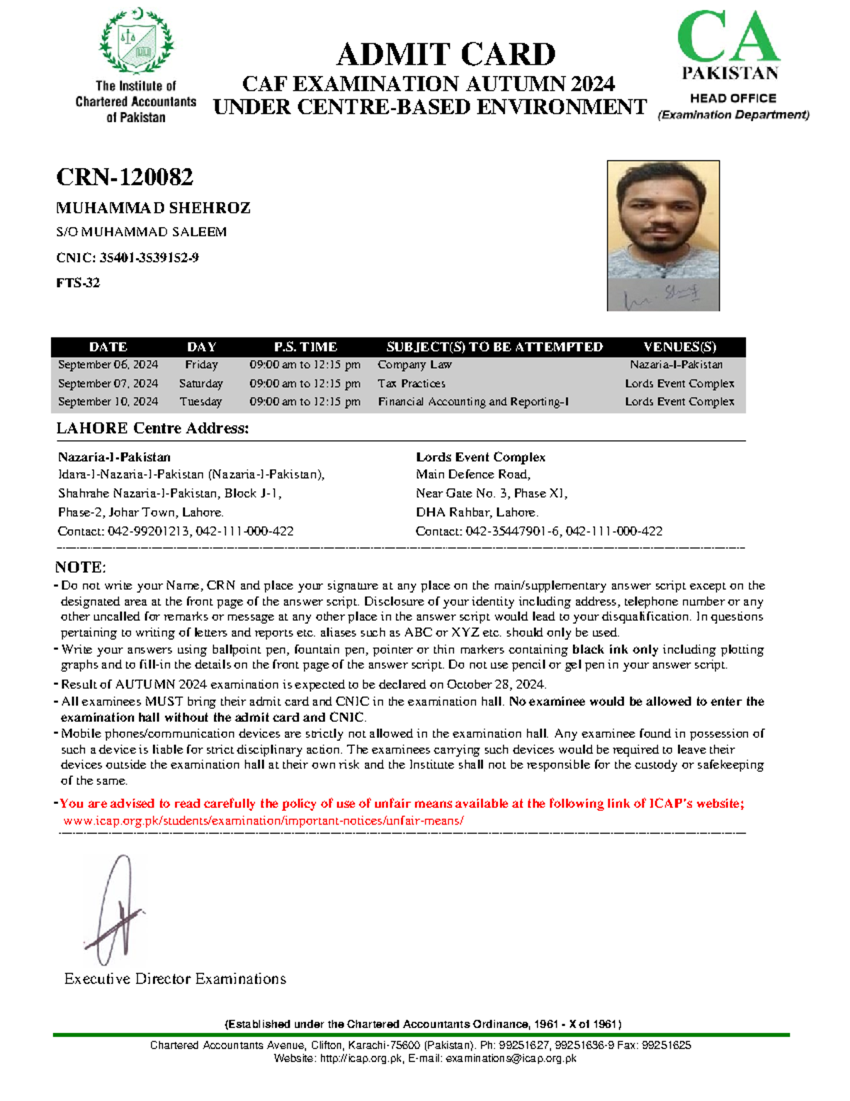 ICAP Admit Card - CAF EXAMINATION (Established under the Chartered ...