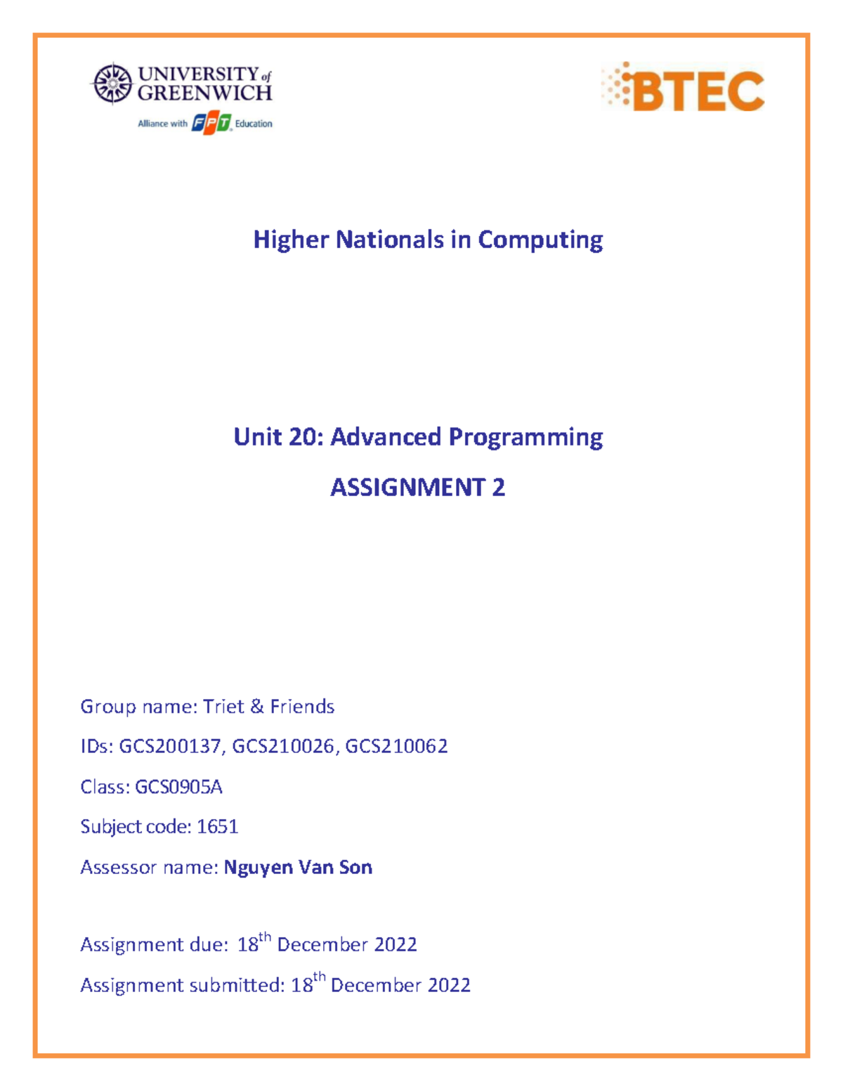 Advanced Programming 1651 Assignment 2 Higher Nationals In Computing Unit 20 Advanced