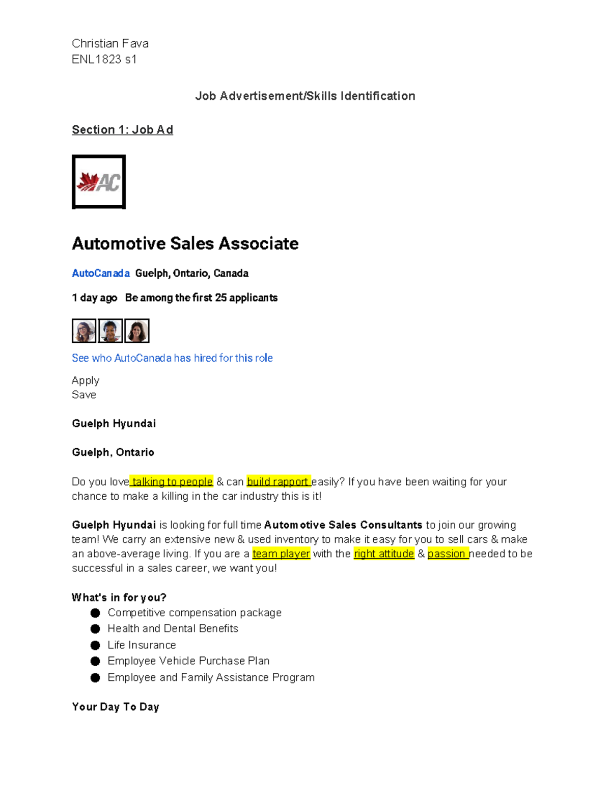 Job Advertisement Skills Identification - Christian Fava ENL1823 s Job ...