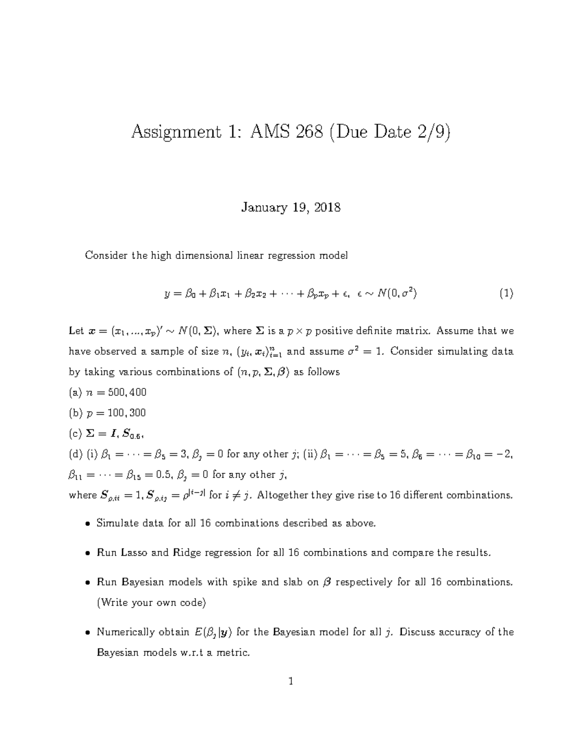 Homework 1 AMS268 - Assignment 1: AMS 268 (Due Date 2/9) January 19 ...
