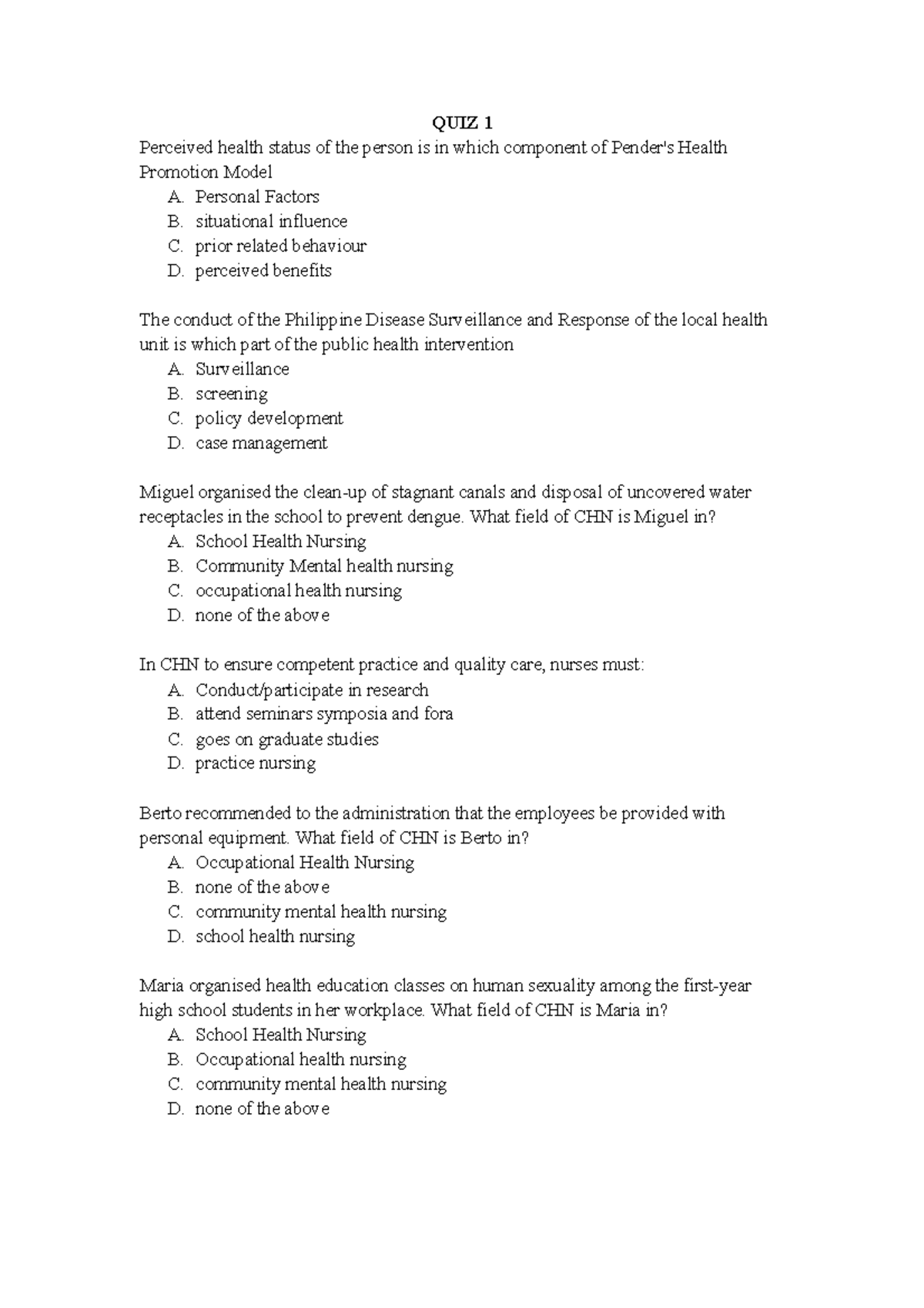 QUIZ 1 - Community Health Nursing II Reviewer - QUIZ 1 Perceived health ...