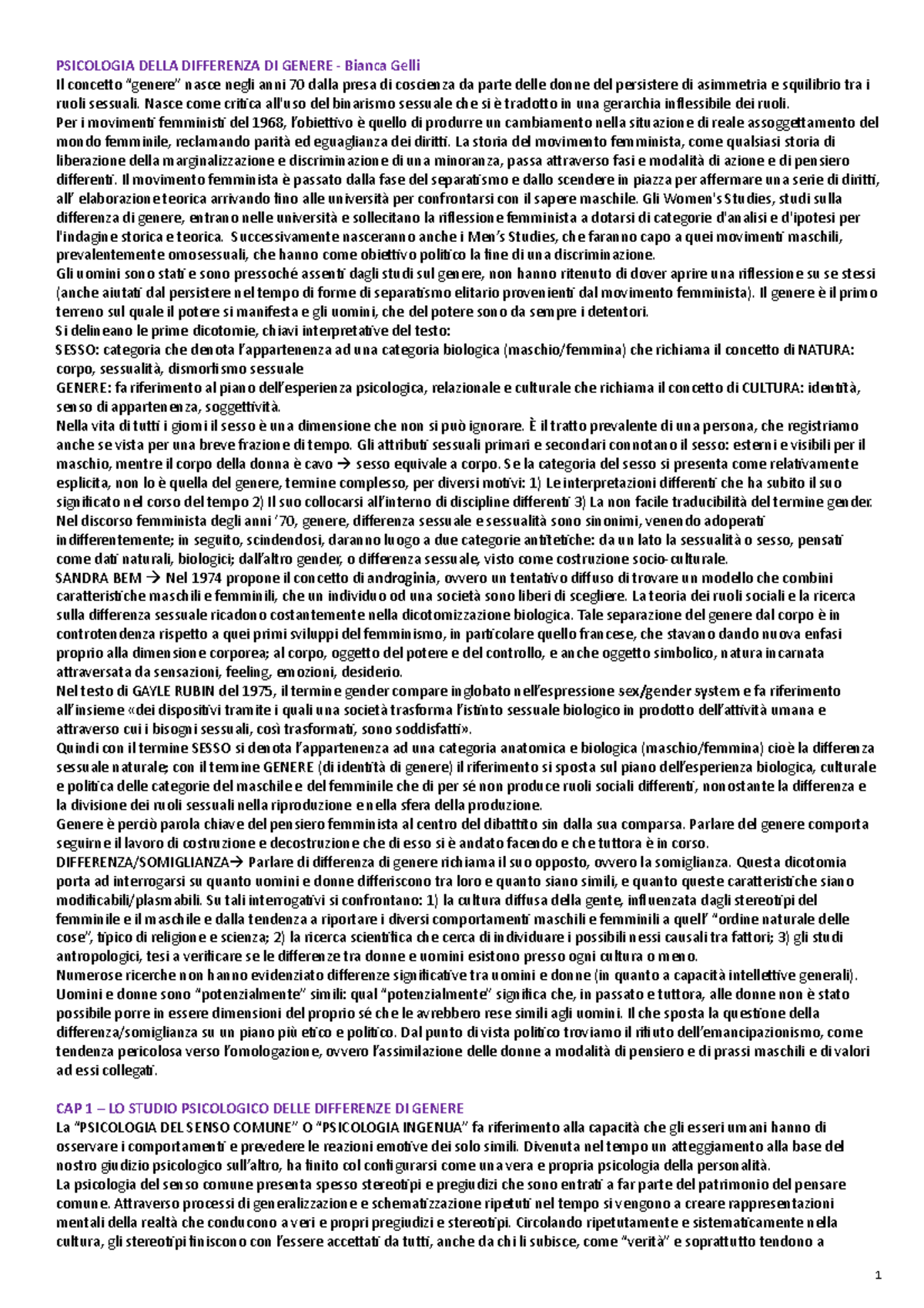 Riassunto Psicologia delle differenze di genere di Bianca Gelli ...