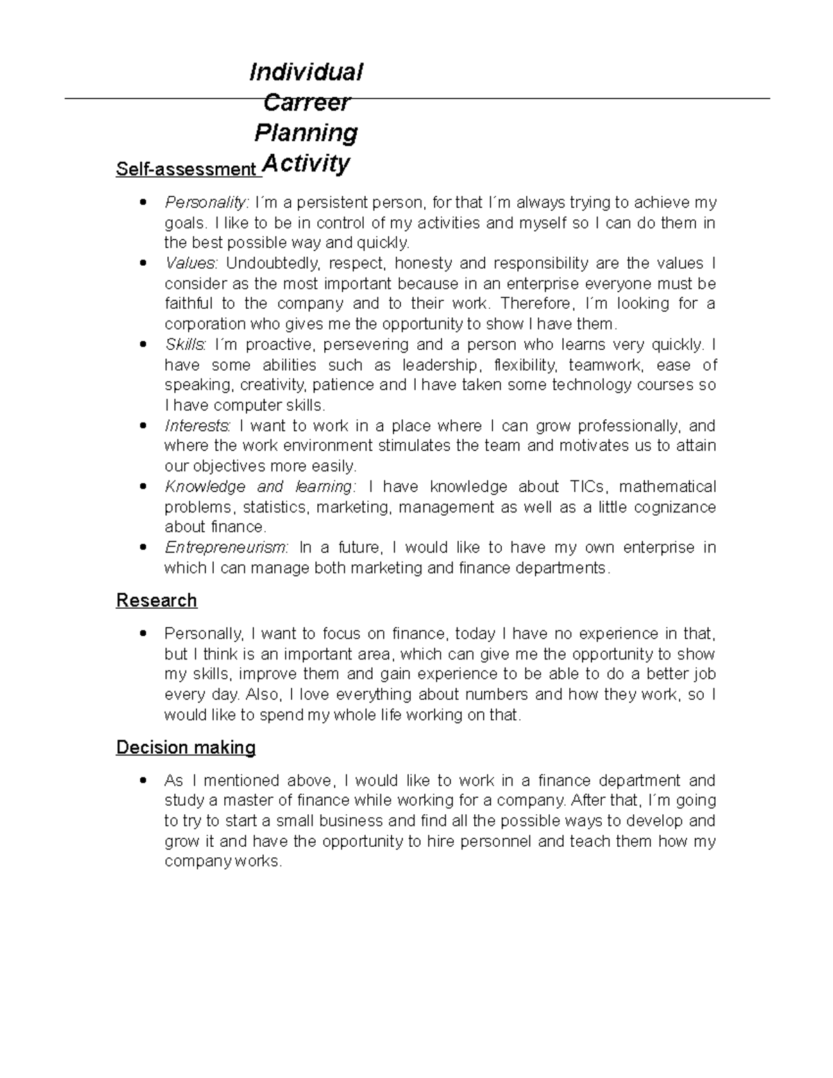 Individual career planning Activity - Self-assessment Personality: I ́m ...