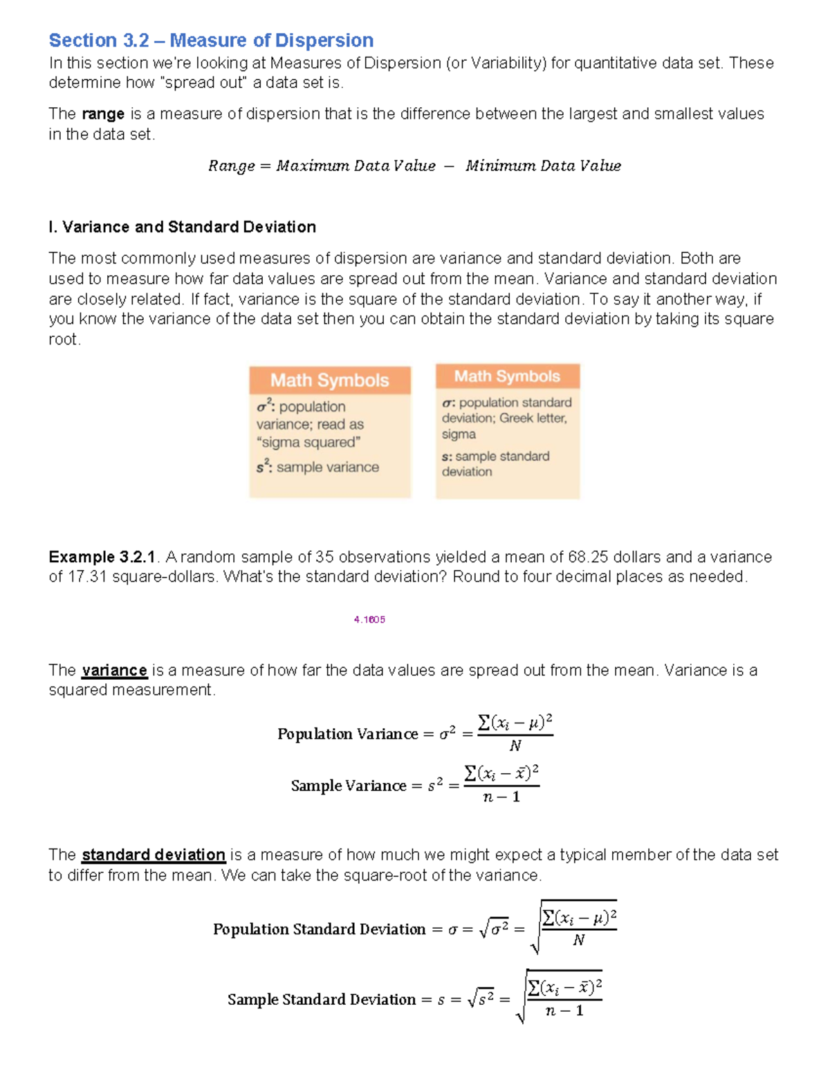 Chapter 3 Notes Pg 5 - Section 3 – Measure of Dispersion In this ...