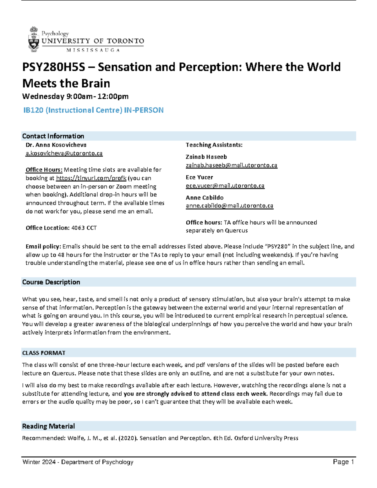 34560 20241 PSY280H5S LEC0101 - PSY 280 H5S – Sensation and Perception: Where the World Meets ...