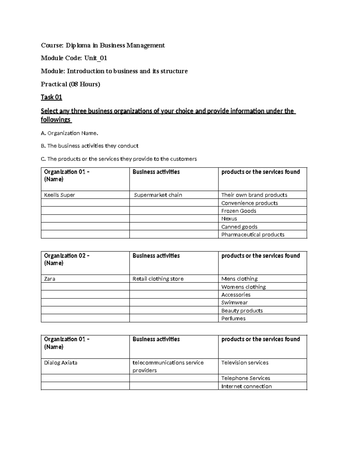 Practicals - Unit 1 - DIBM - Course: Diploma in Business Management ...