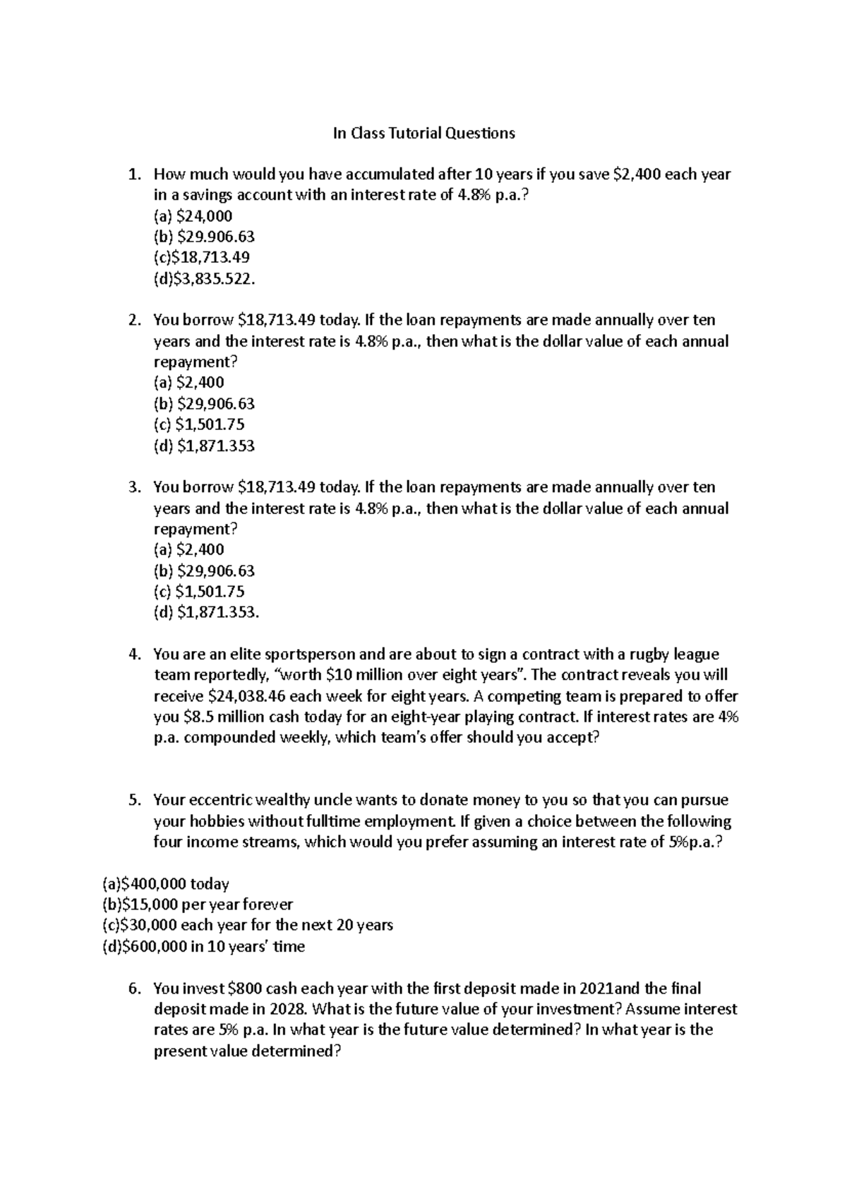 Finance Tutorial 2 In Class Questions - In Class Tutorial Questions How ...