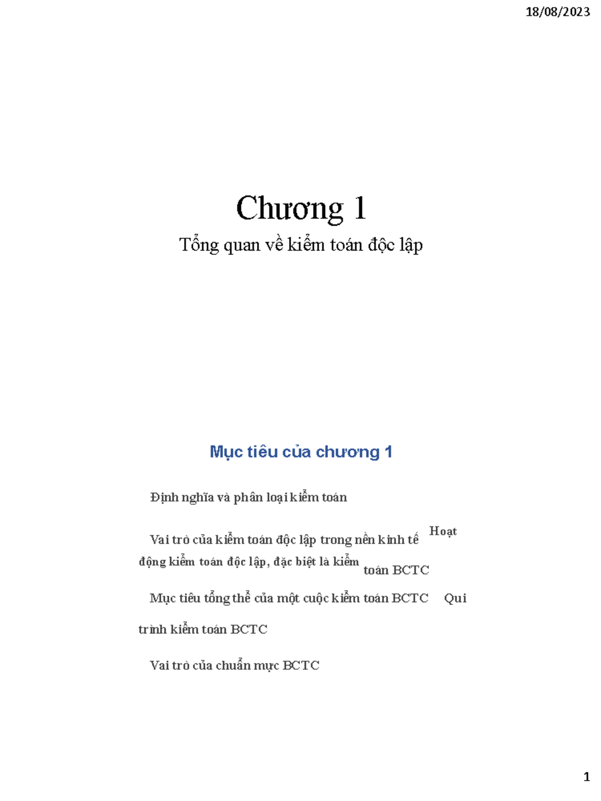 1. Chuong 1 TONG QUAN VE KIEM TOAN - 18/08/ Chương 1 Tổng quan về kiểm toán độc lập Mục tiêu của ...