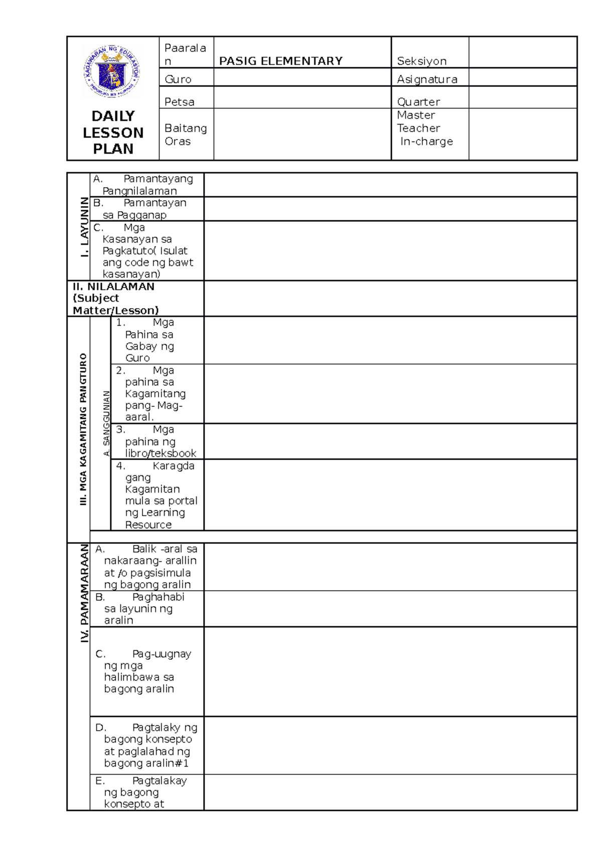 Prescribed DLP Template Filipino Format 2 - DAILY LESSON PLAN Paarala n ...