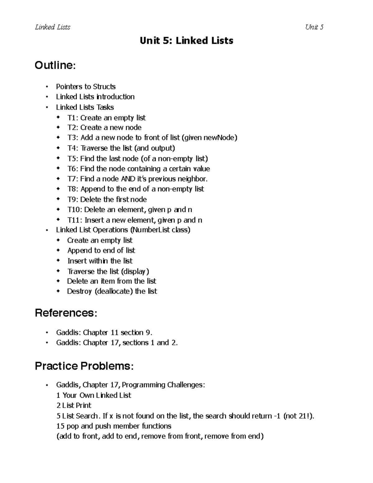 Unit 5 - Outline - Linked Lists Unit 5 Unit 5: Linked Lists Outline ...