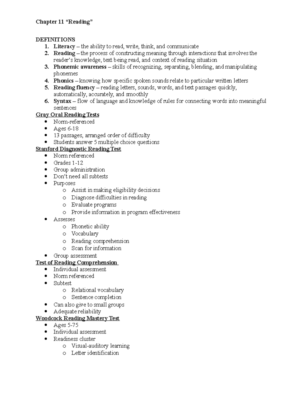 Chapter 11 reading - Chapter 11 “Reading” DEFINITIONS 1. Literacy – the ...