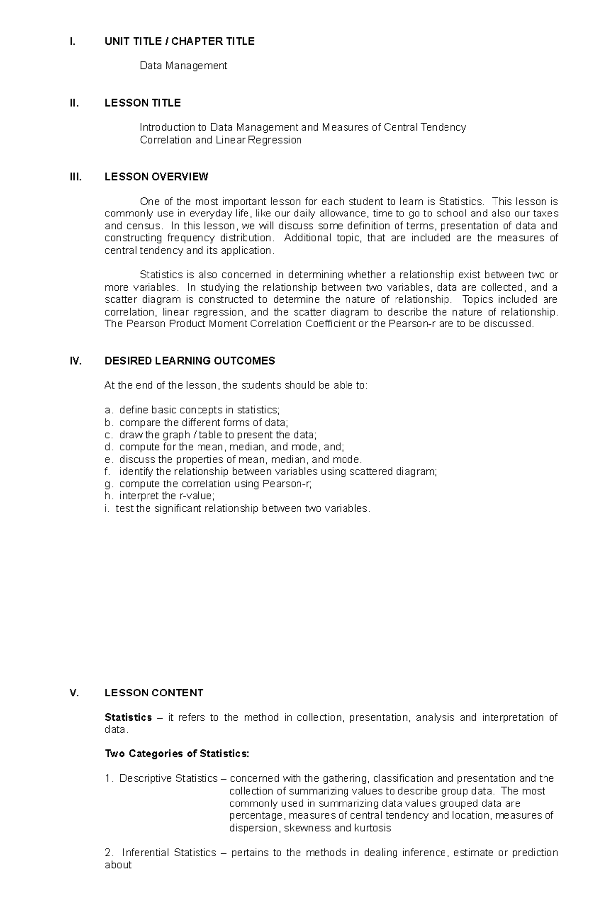 Module 4 Mathematics IN THE MW - I. UNIT TITLE / CHAPTER TITLE Data ...
