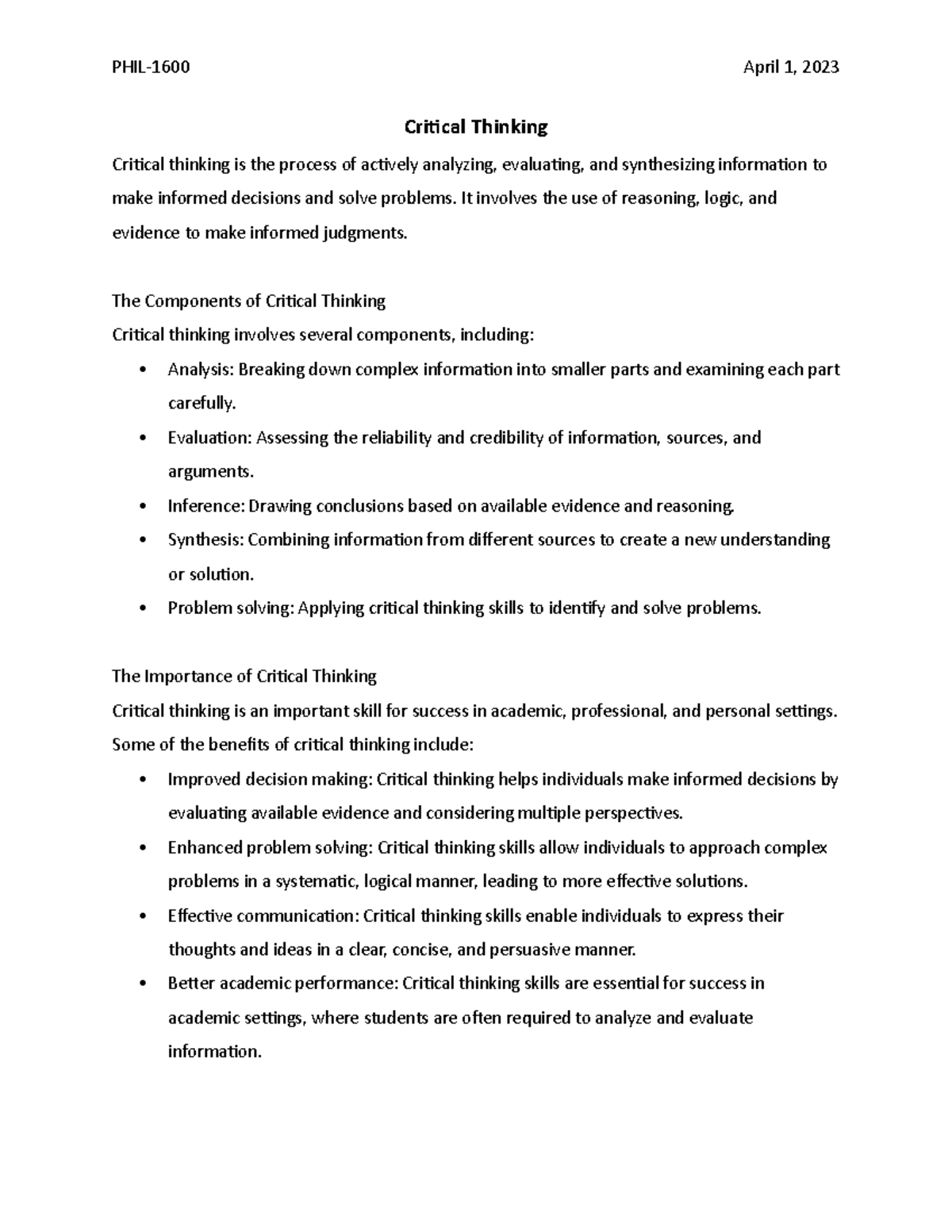 Critical thinking - PHIL-1600 April 1, 2023 Critical Thinking Critical ...