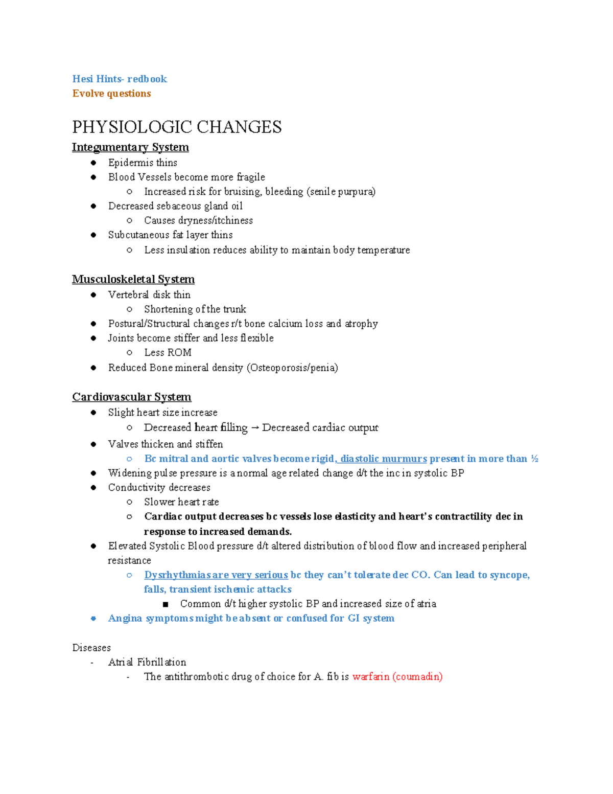 Geriatric Hesi Hints - Hesi Hints- redbook Evolve questions PHYSIOLOGIC ...