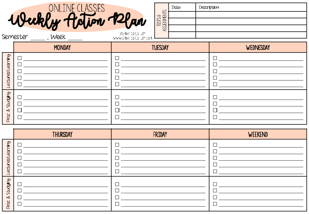 Weekly Action Plan Template - Monday Tuesday Wednesday Lectures ...