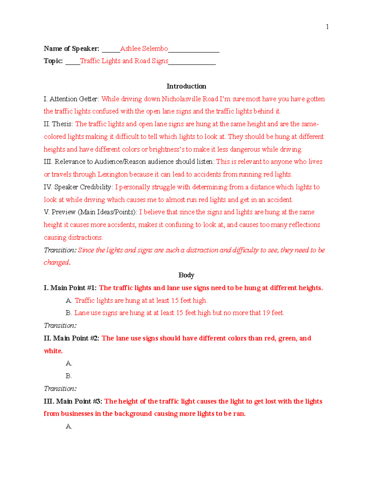 Speech Outline Template - Name of Speaker: Ashlee Selembo ...