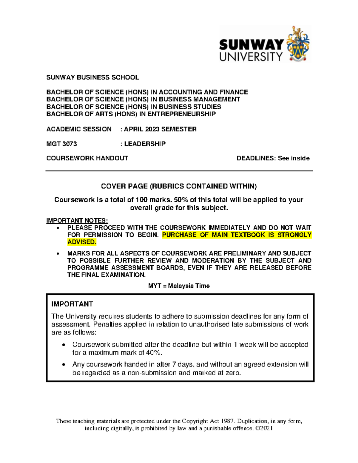 Assignment question - Latest Coursework - SUNWAY BUSINESS SCHOOL ...