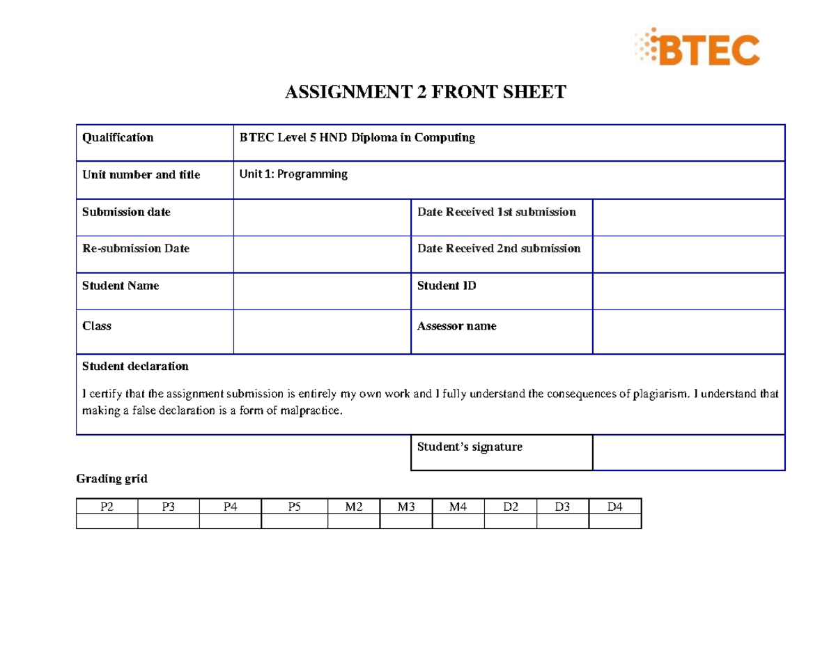 Unit 1 - Assignment 2 frontsheet - ASSIGNMENT 2 FRONT SHEET Qualification BTEC Level 5 HND ...