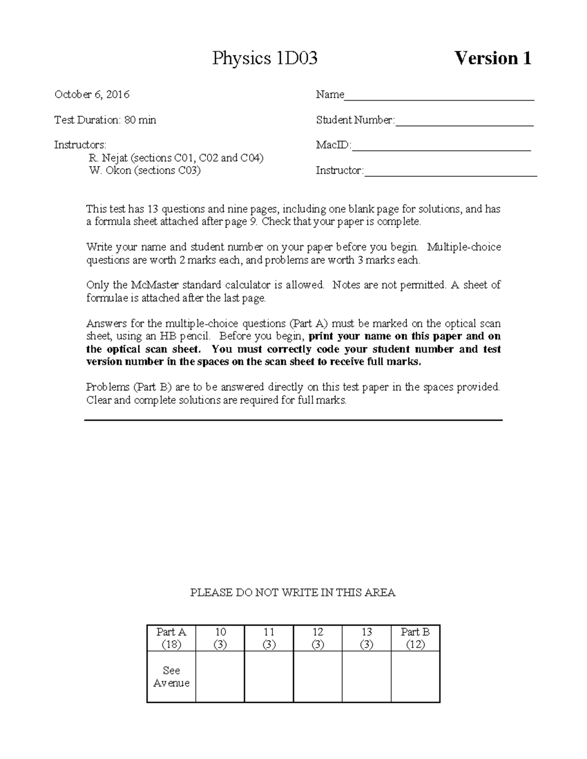 1d3 test1-2016 v1 - physics 1d03 test 2 - Physics 1D03 Version 1 ...