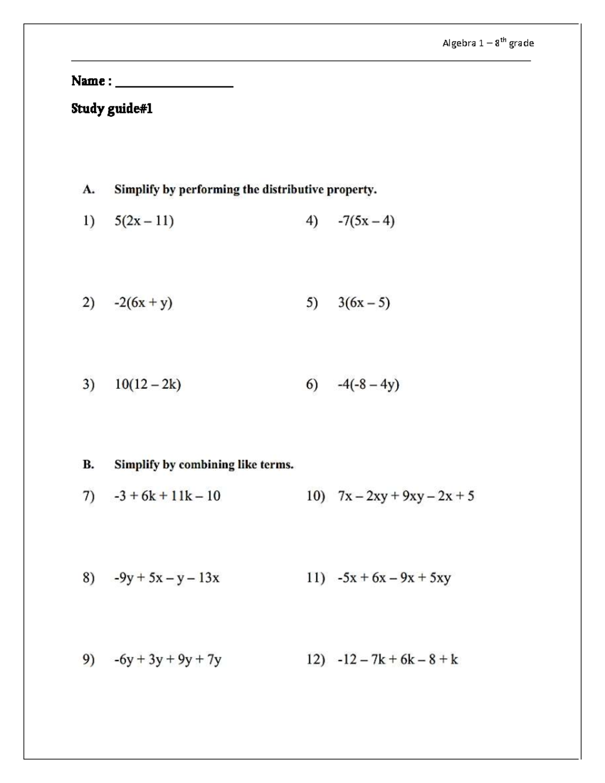 Study guide#1 Study guide#1 - MATH16500 - Algebra 1 – 8 th grade - Studocu