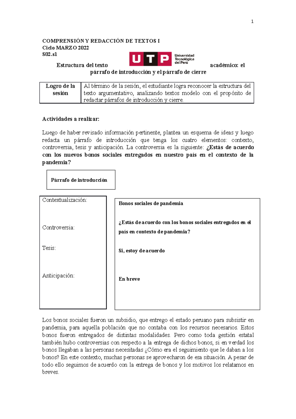 Parrafo introduccion cierre de texto agumentativo - COMPRENSIÓN Y ...