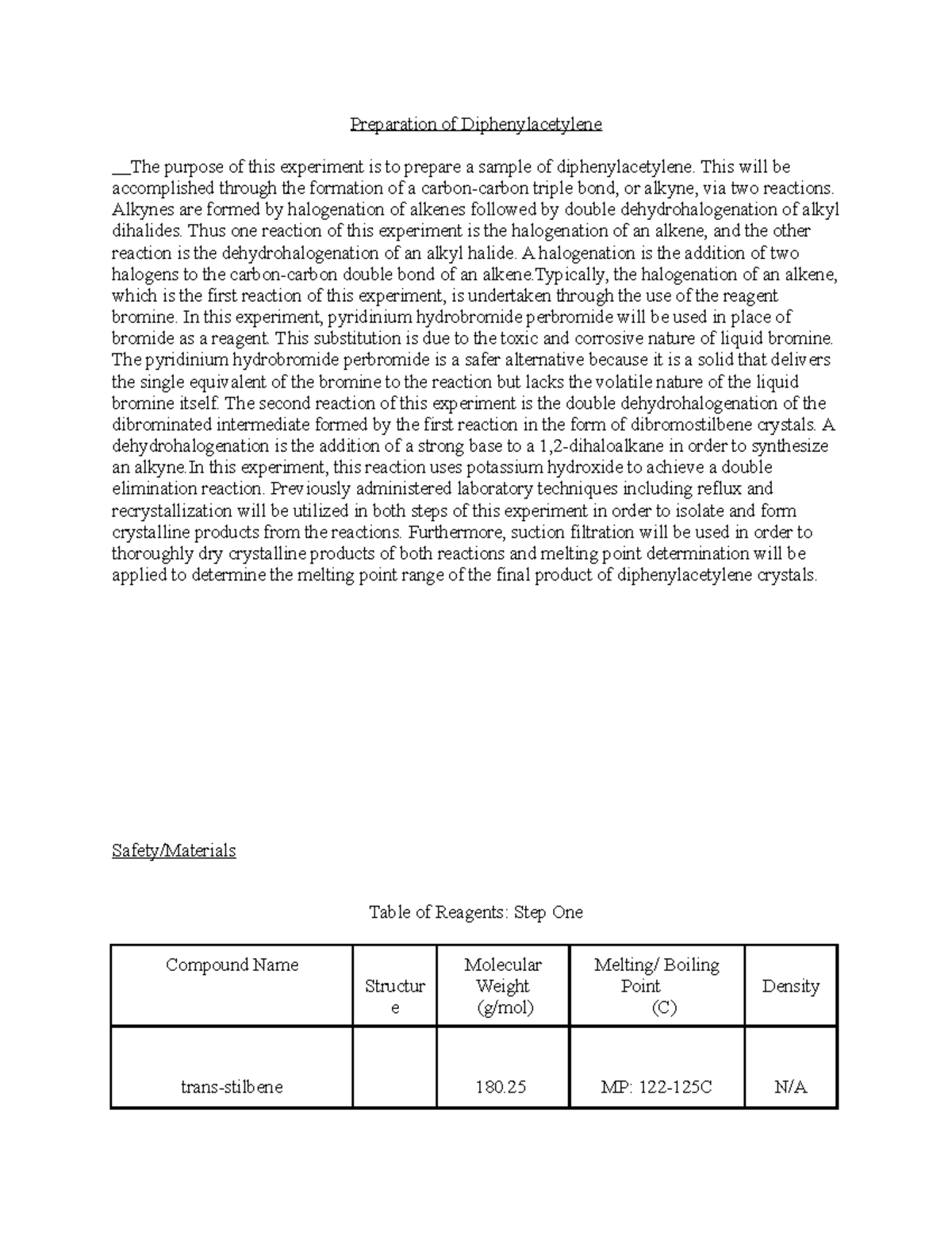 Preparation of Diphenylacetylene Pre Lab - Preparation of ...