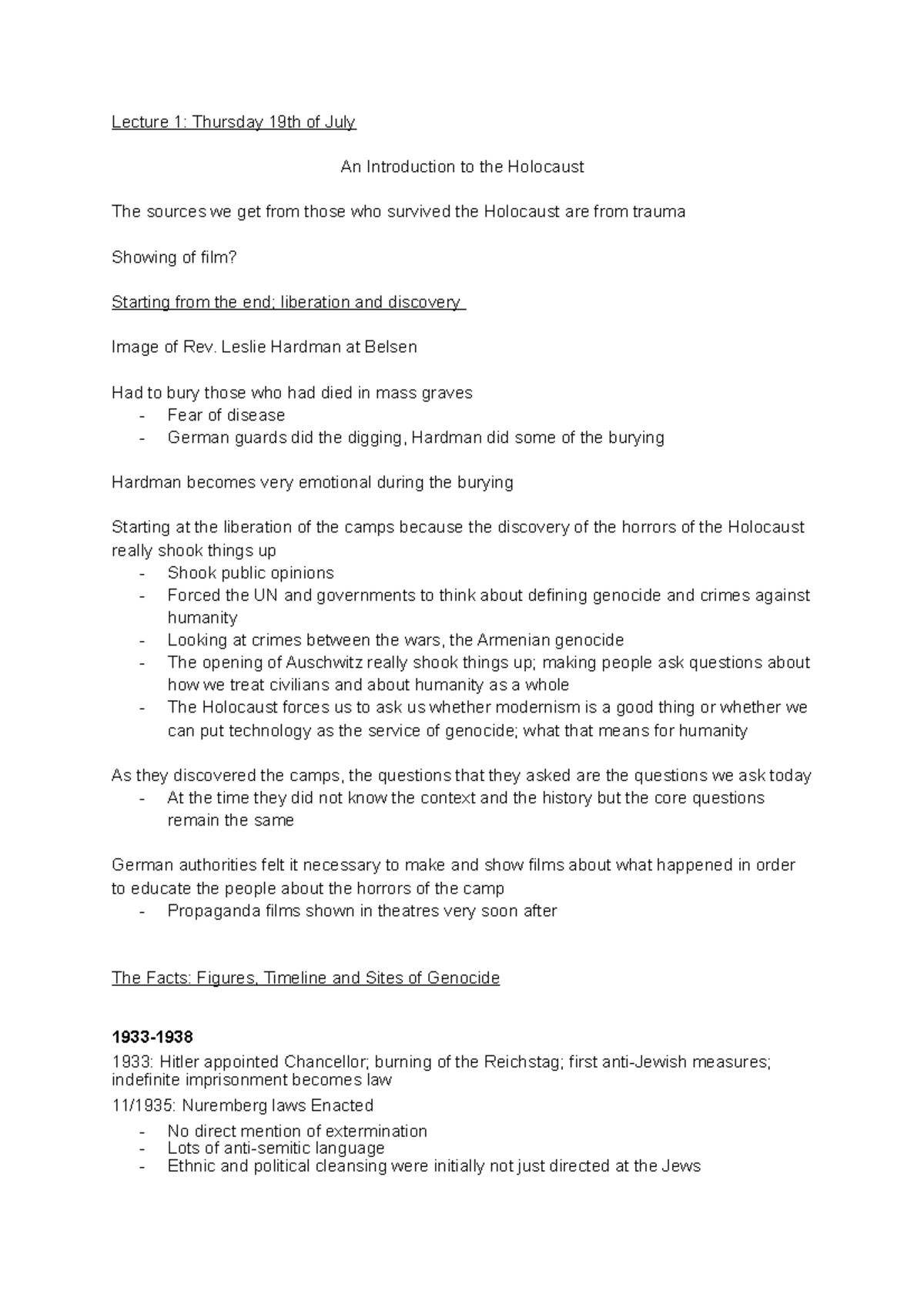 The Holocaust and Genocide Lecture Notes - Lecture 1: Thursday 19th of ...