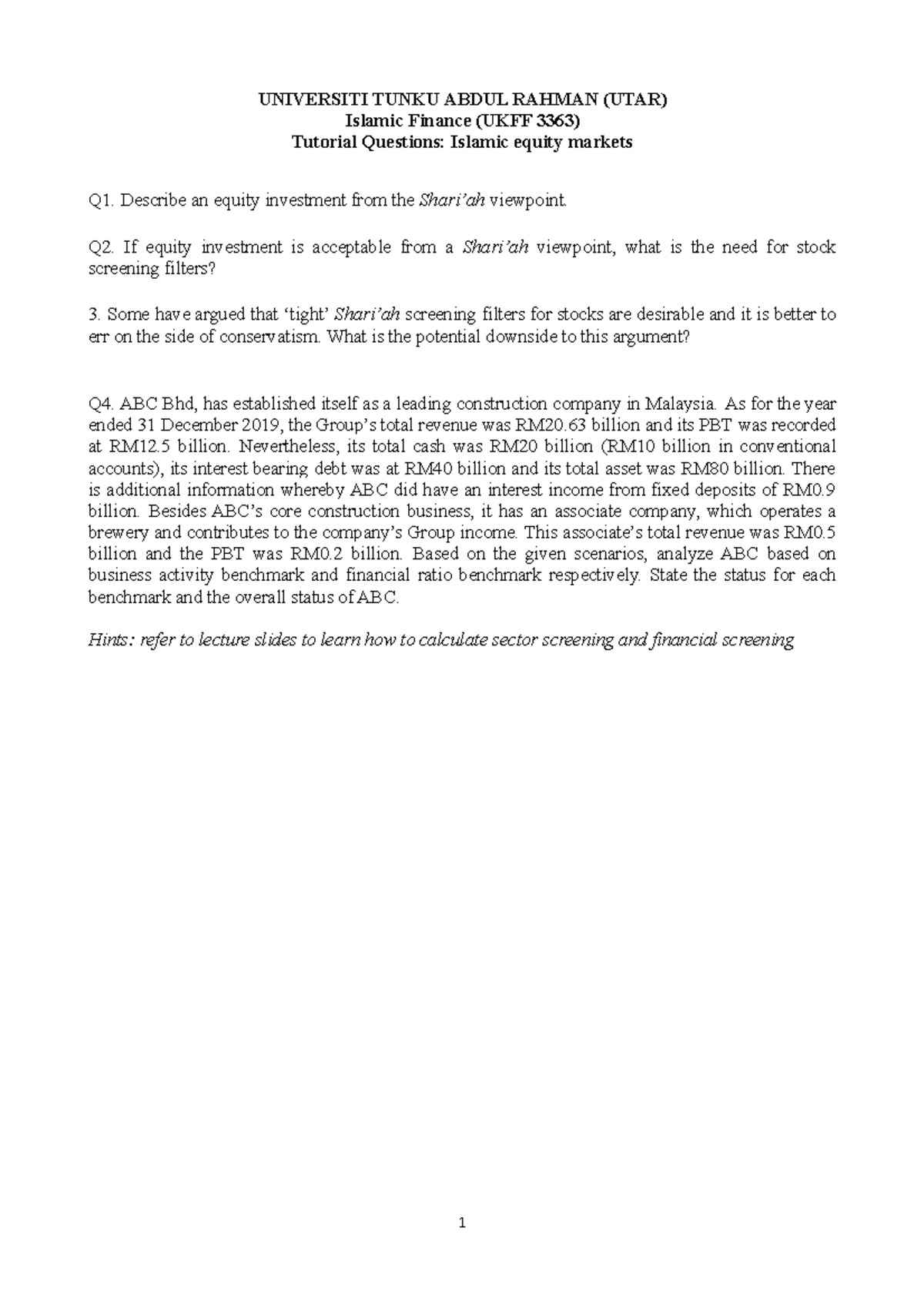 Tutorial Questions - Islamic equity markets - UNIVERSITI TUNKU ABDUL ...