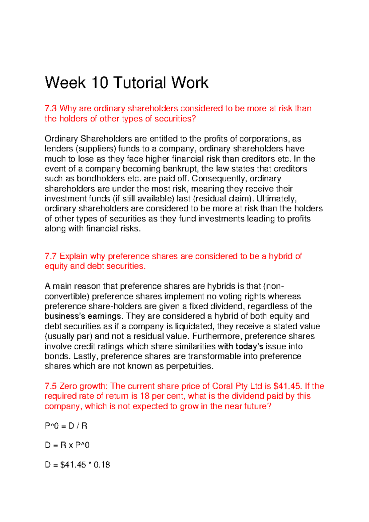 Week 10 Tutorial Work-converted - Week 10 Tutorial Work 7 Why are ordinary shareholders ...