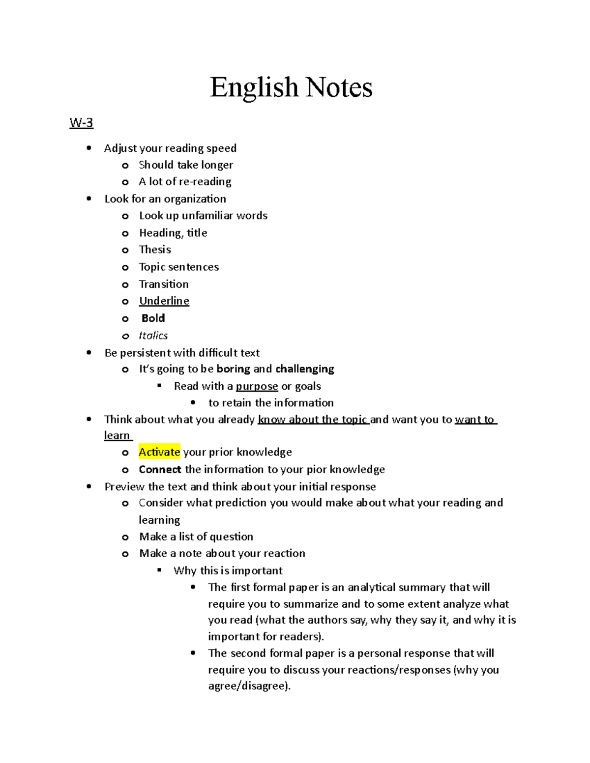 English Notes - English Notes W- Adjust your reading speed o Should ...