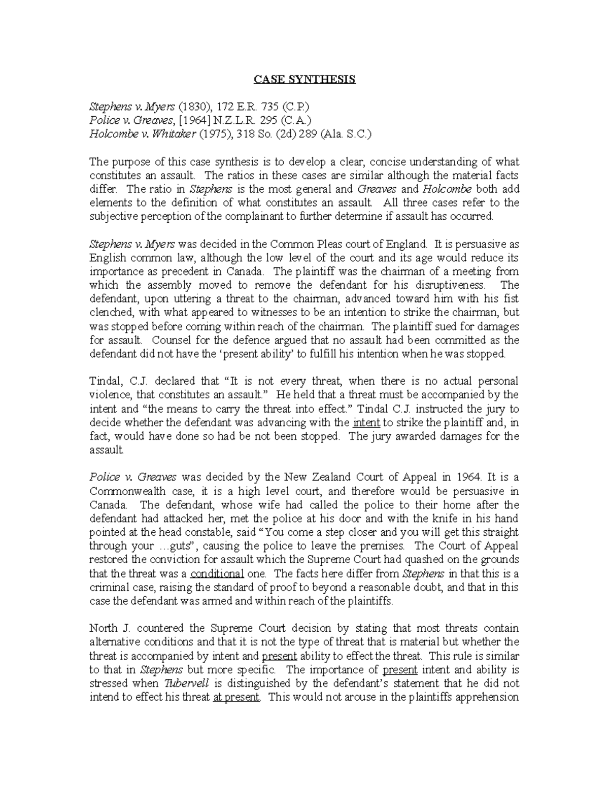 sample case synthesis - CASE SYNTHESIS Stephens v. Myers (1830), 172 E ...