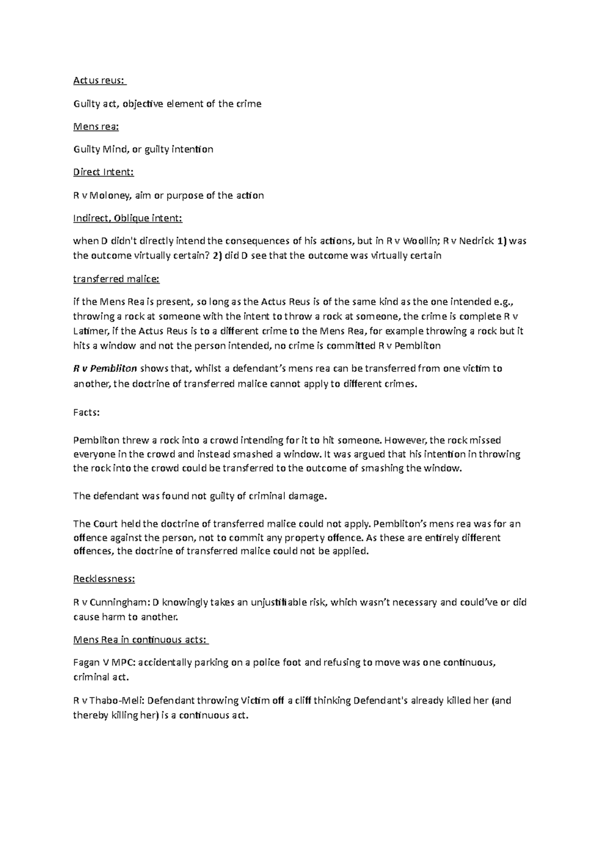 Key criminal points - Actus reus: Guilty act, objective element of the ...