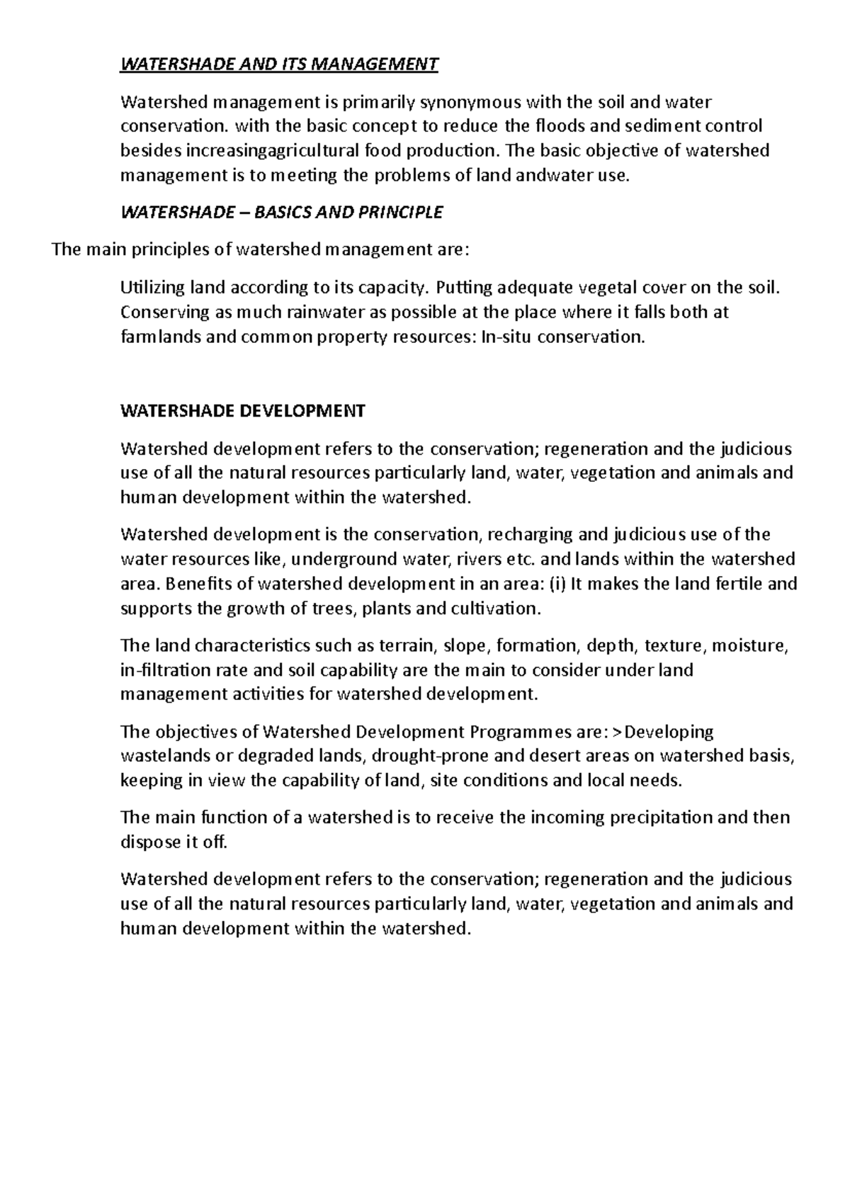 Watershade AND ITS Management - WATERSHADE AND ITS MANAGEMENT Watershed ...