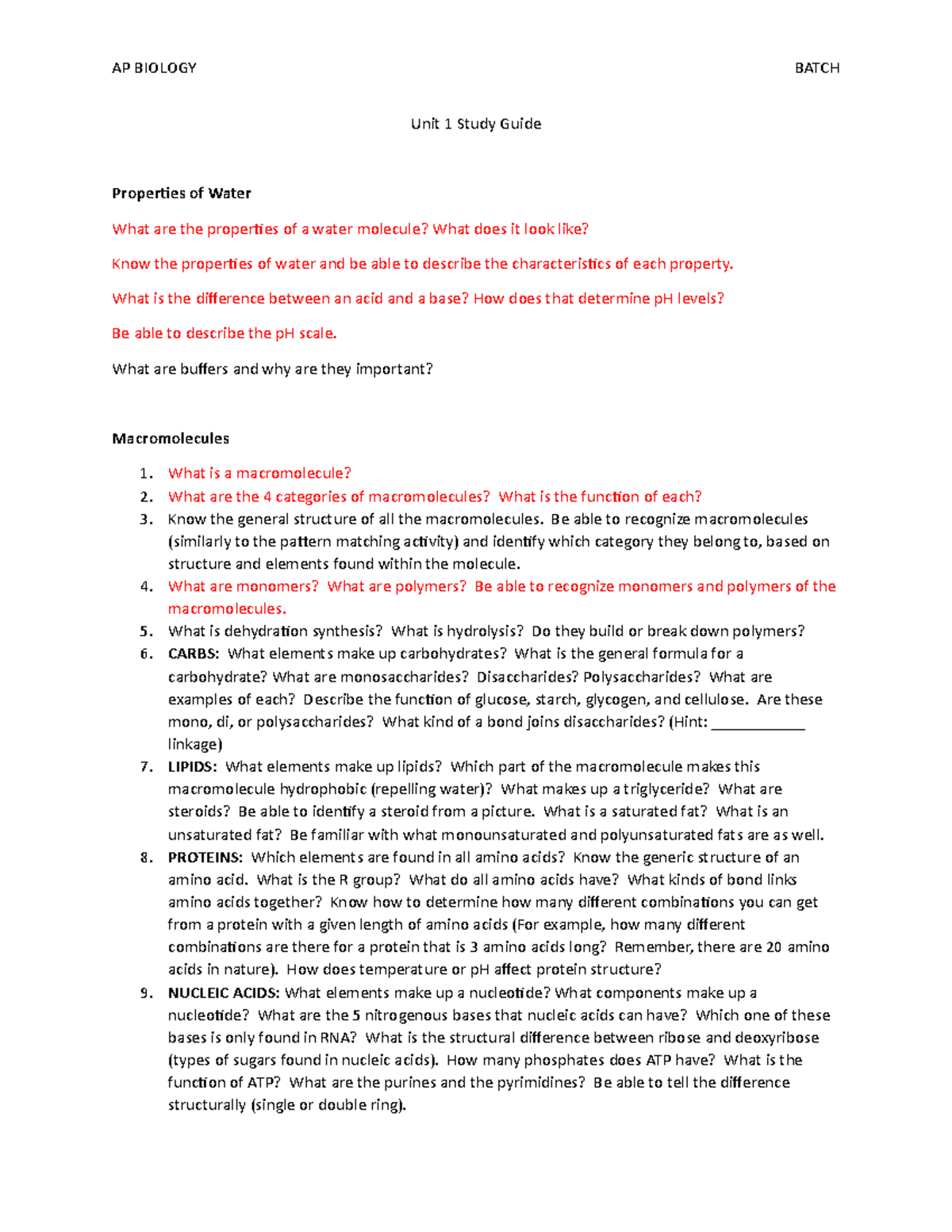 Unit 1 Study Guide - Lecture notes 1.3 - AP BIOLOGY BATCH Unit 1 Study ...