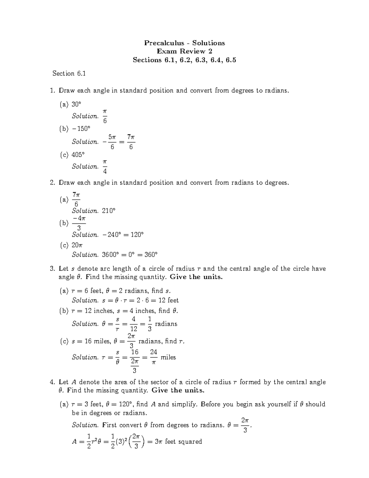 Exam 2 Review Solutions - Precalculus - Solutions Exam Review 2 ...