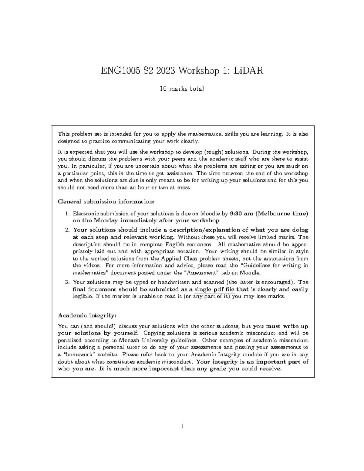 ENG1005 W1 Workshop Problem Sheet - ENG1005 S2 2023 Workshop 1: LiDAR 16 marks total This ...