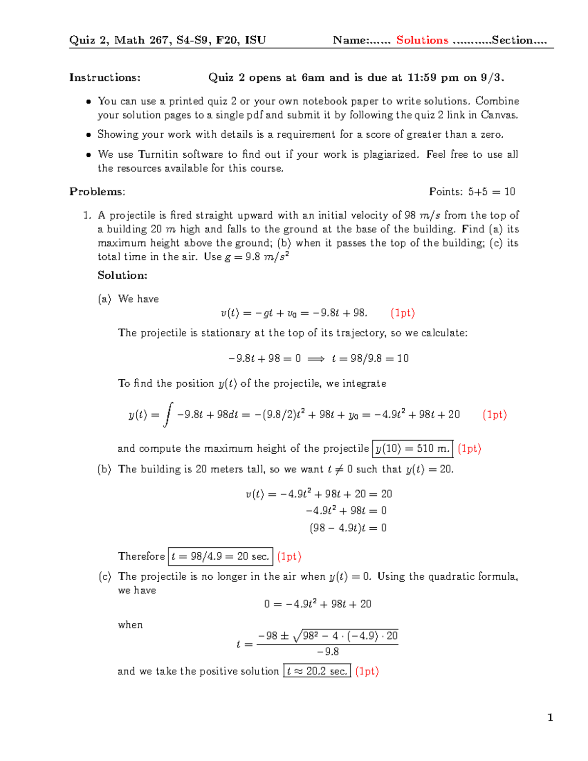 Quiz 2 (with solutions) - Quiz 2, Math 267, S4-S9, F20, ISU Name ...