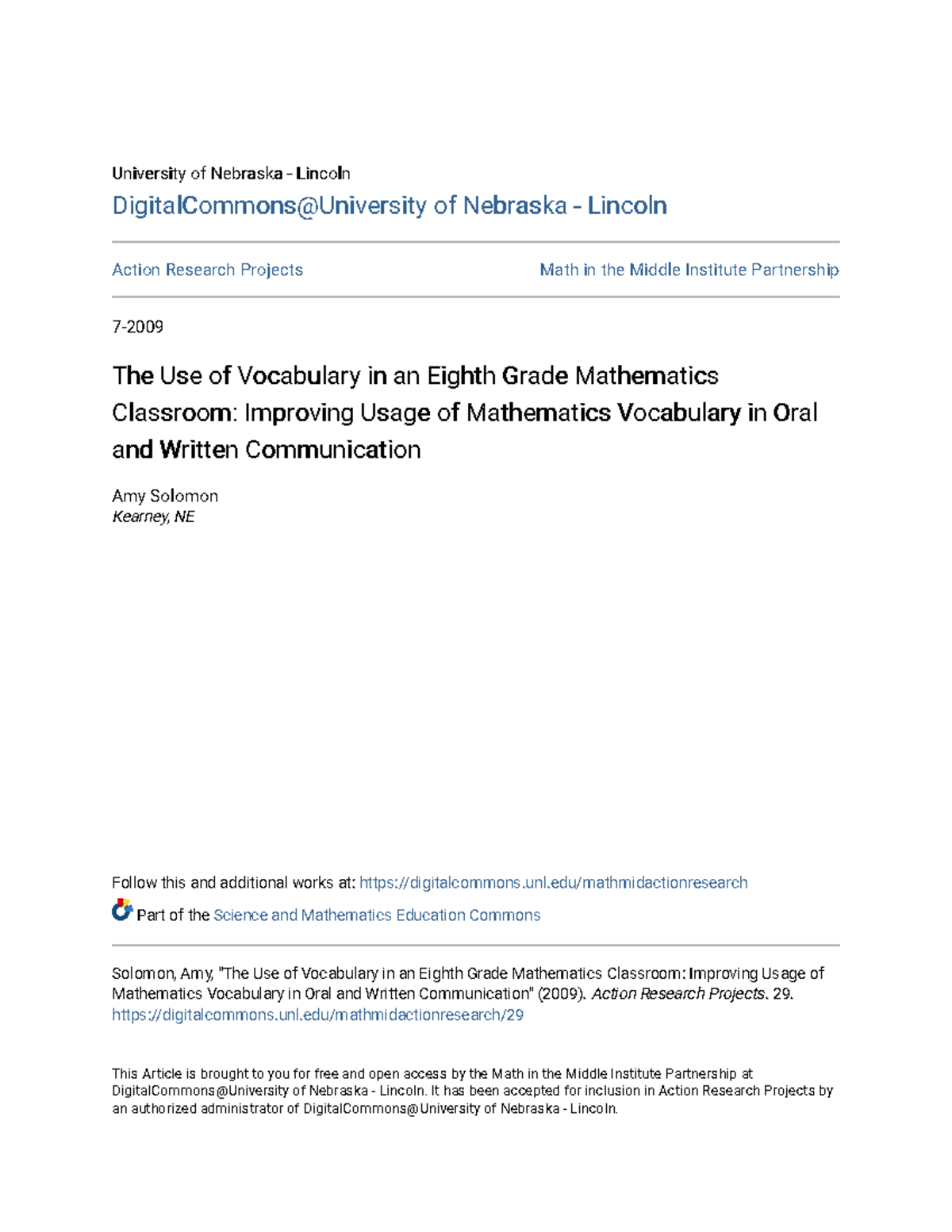 The Use of Vocabulary in an Eighth Grade Mathematics Classroom I ...