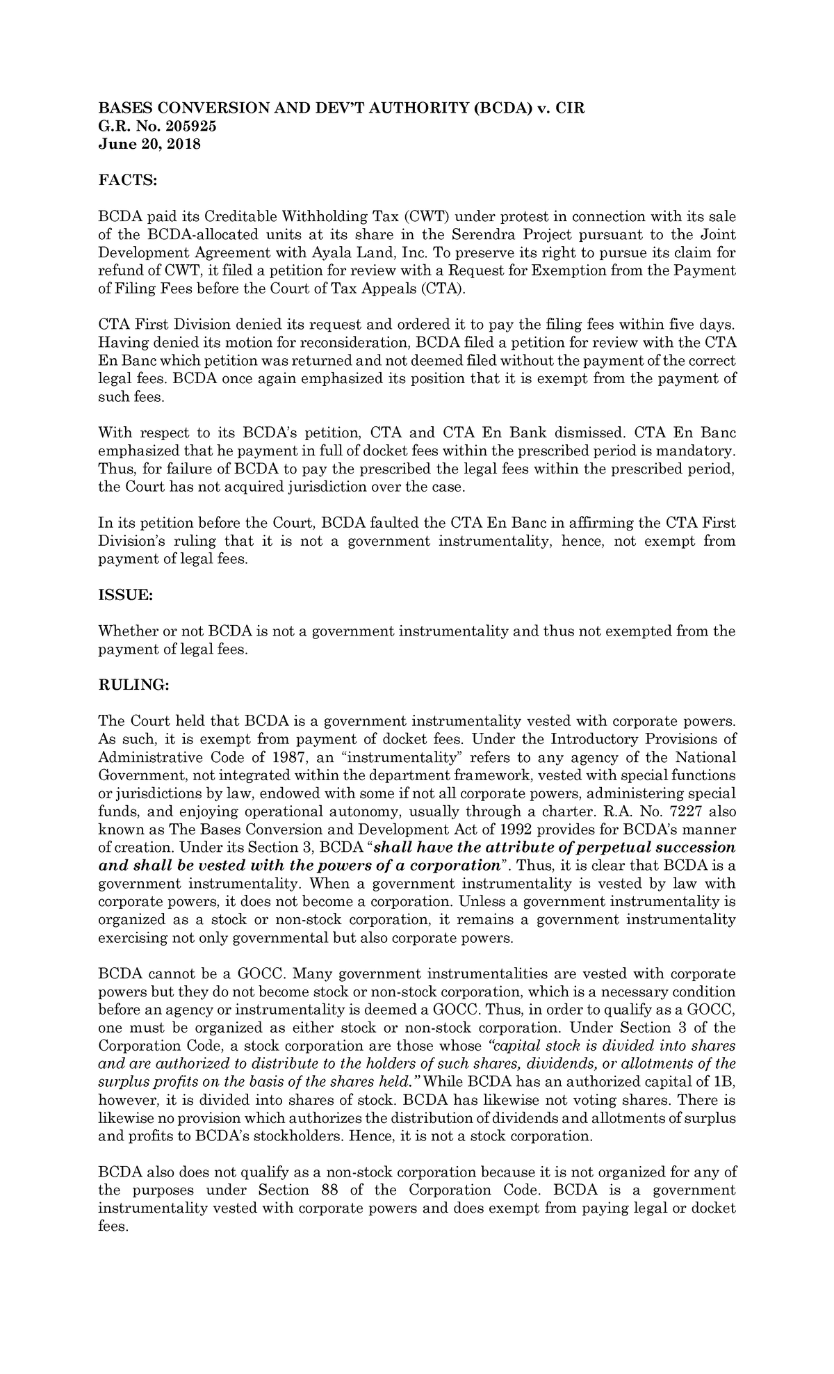 BCDA v. CIR - Summary Juris Doctor - BASES CONVERSION AND DEV’T ...