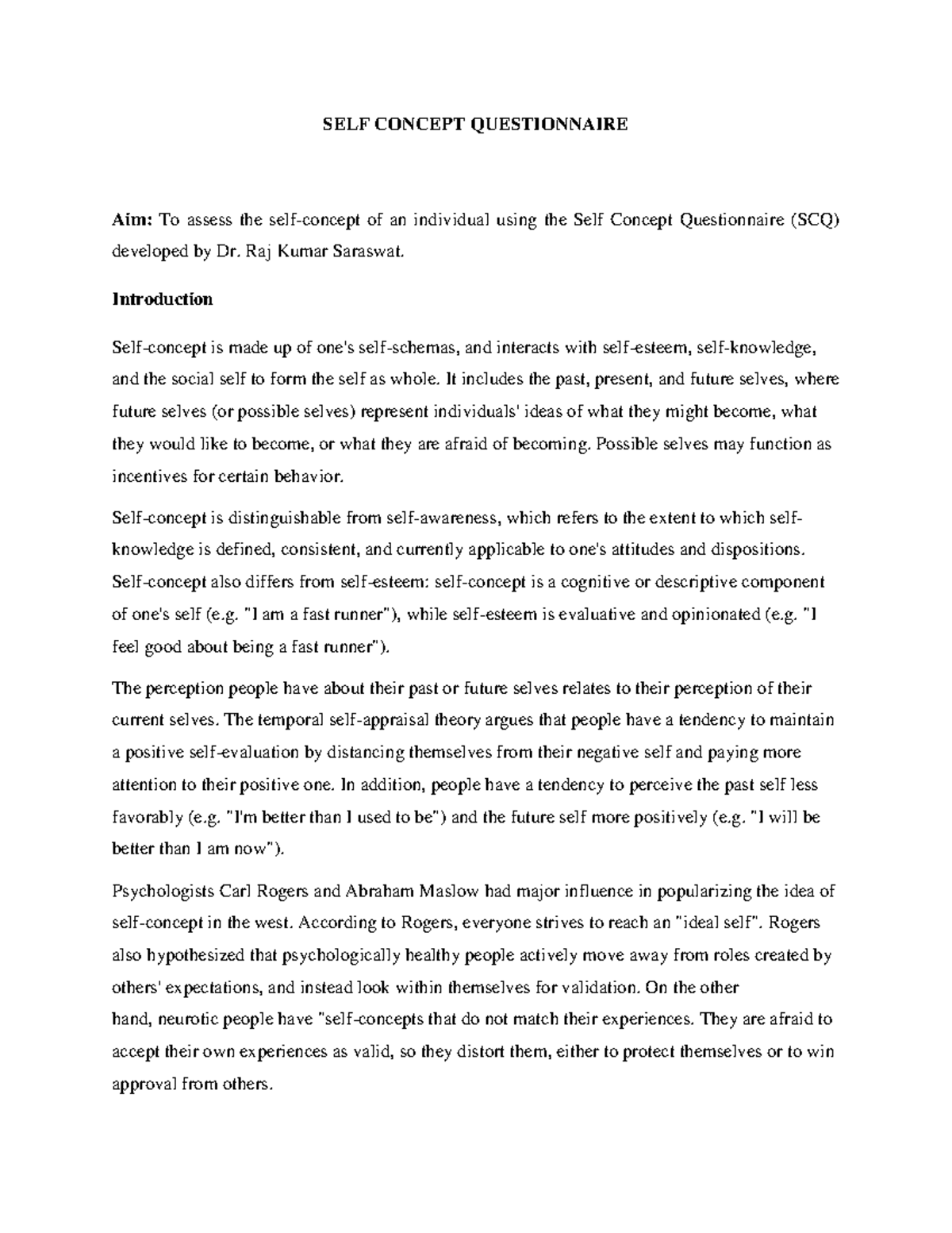SELF Concept Questionnaire - SELF CONCEPT QUESTIONNAIRE Aim: To assess ...