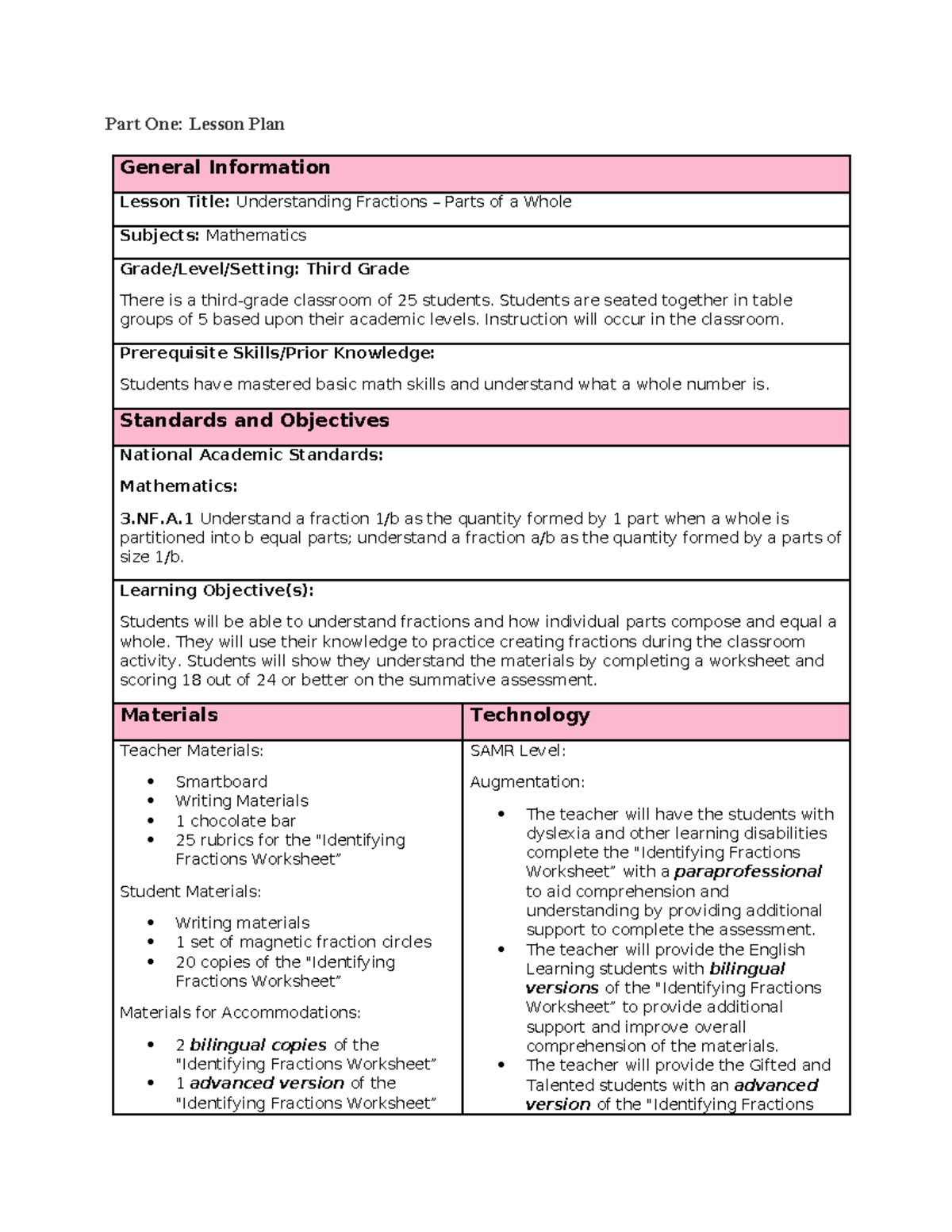Performance Assessment - Math Tools - Part One: Lesson Plan General ...
