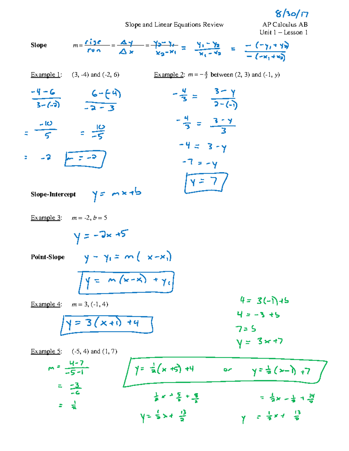 Lesson 01 - slope and linear equations review - Slope and Linear ...