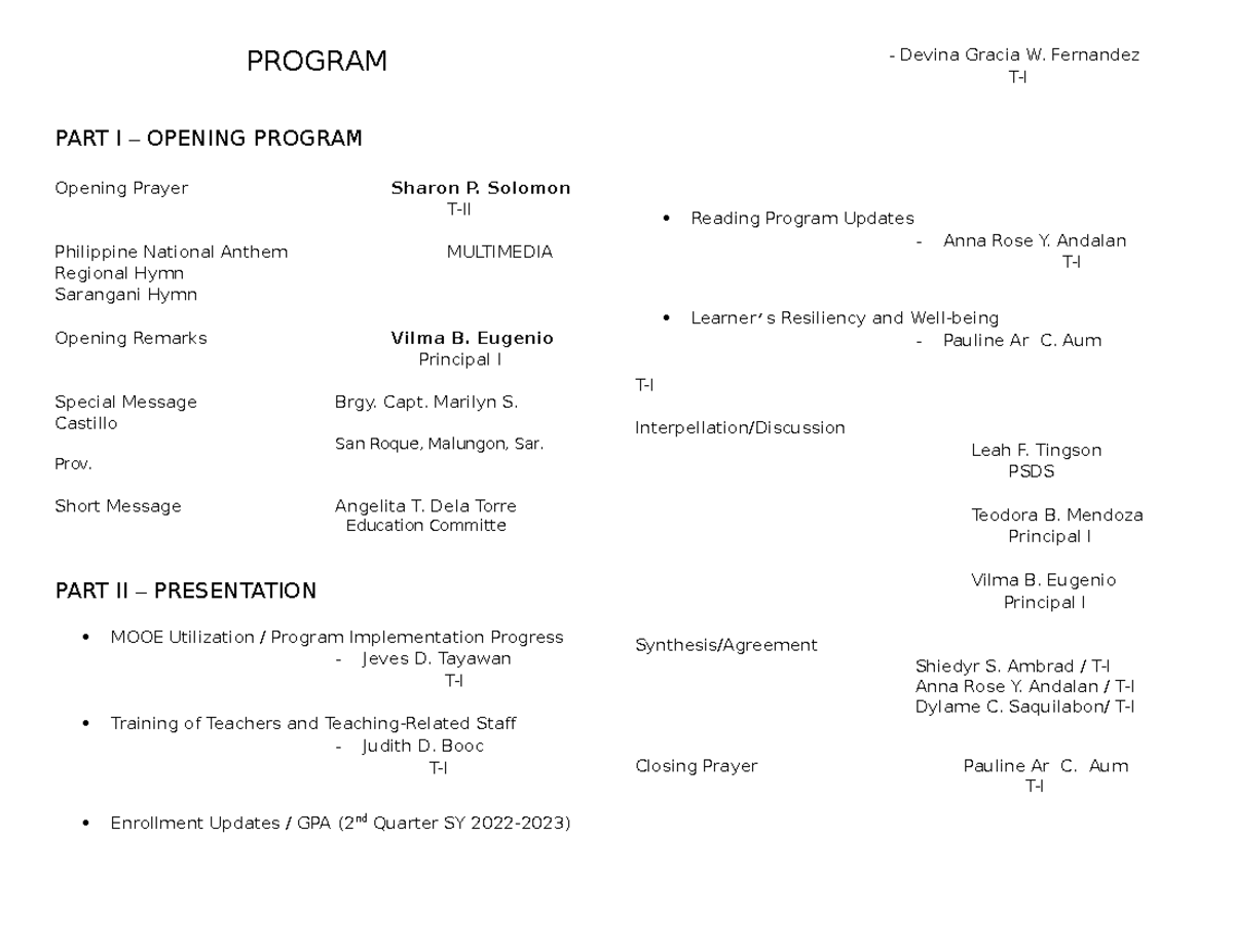 Program Smepa - DOCUMENTS - PROGRAM PART I – OPENING PROGRAM Opening Prayer Sharon P. Solomon T ...