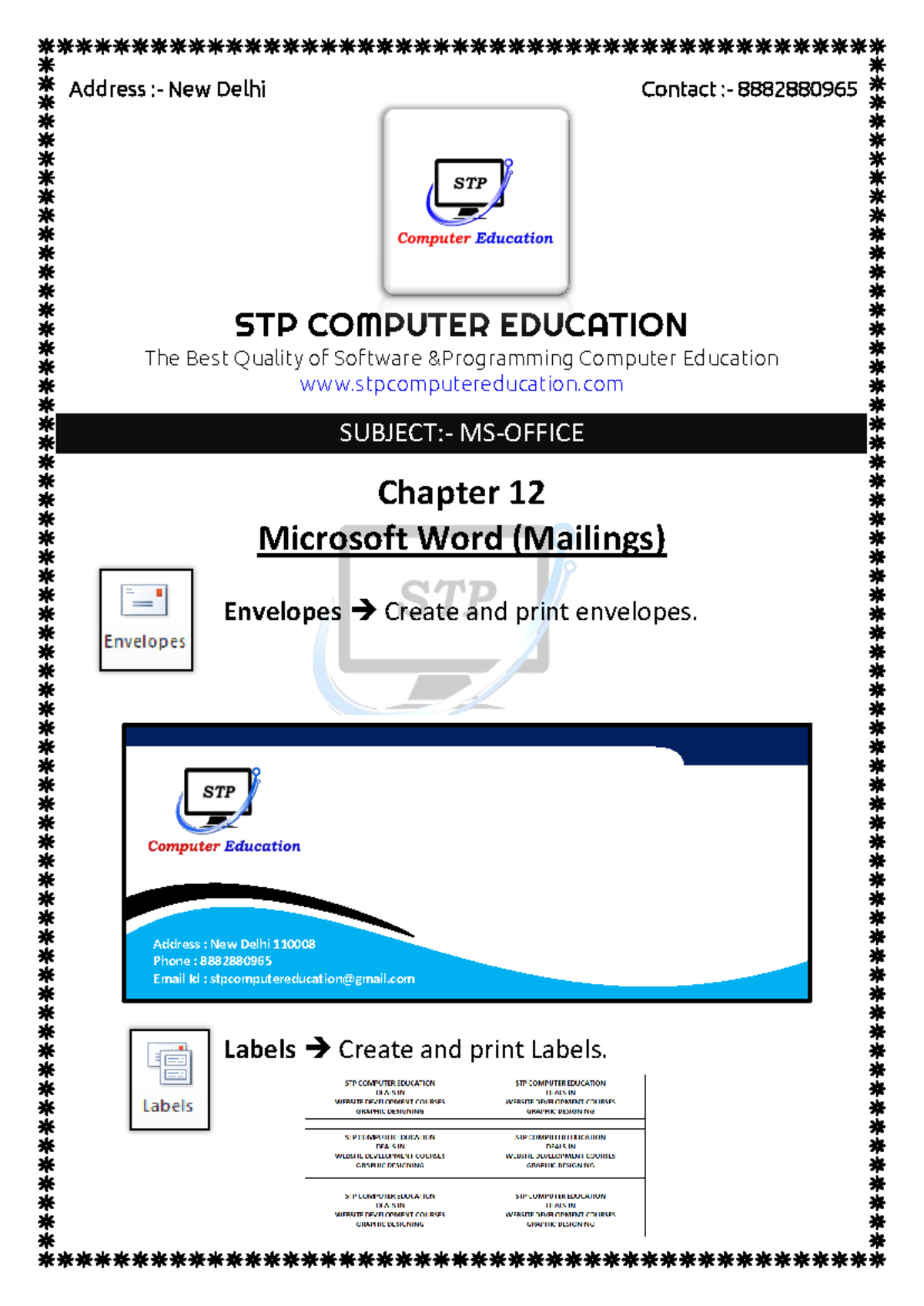 Chapter - 12 Ms Word (Mailings) - Address :- New Delhi Contact ...