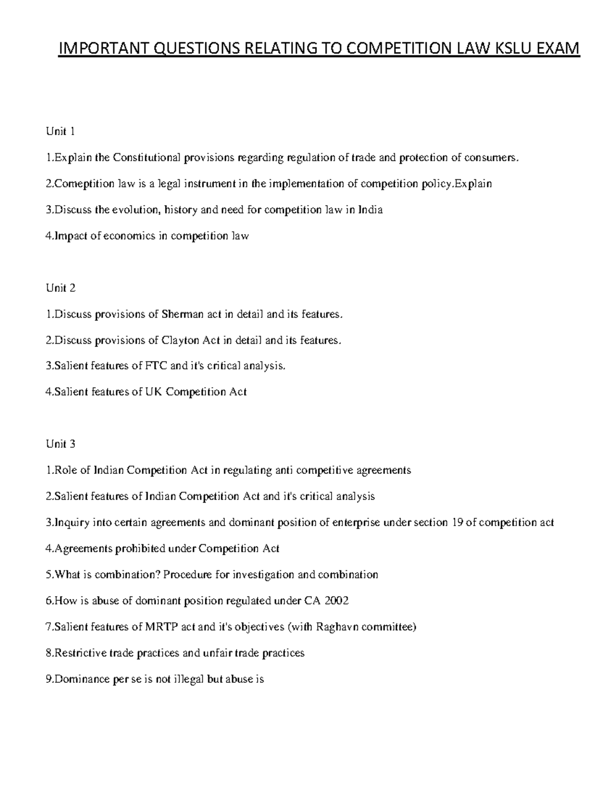 Important Questions Relating TO Competition LAW KSLU EXAM - IMPORTANT ...