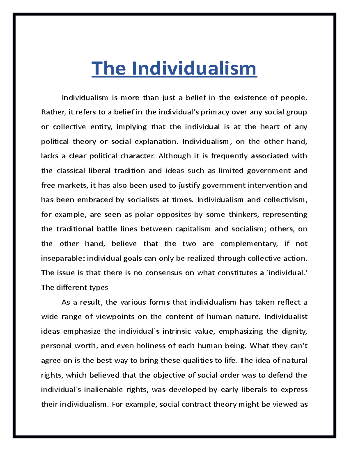 Note on The Individualism - B.A. Hons Social Sciences - BHU - Studocu